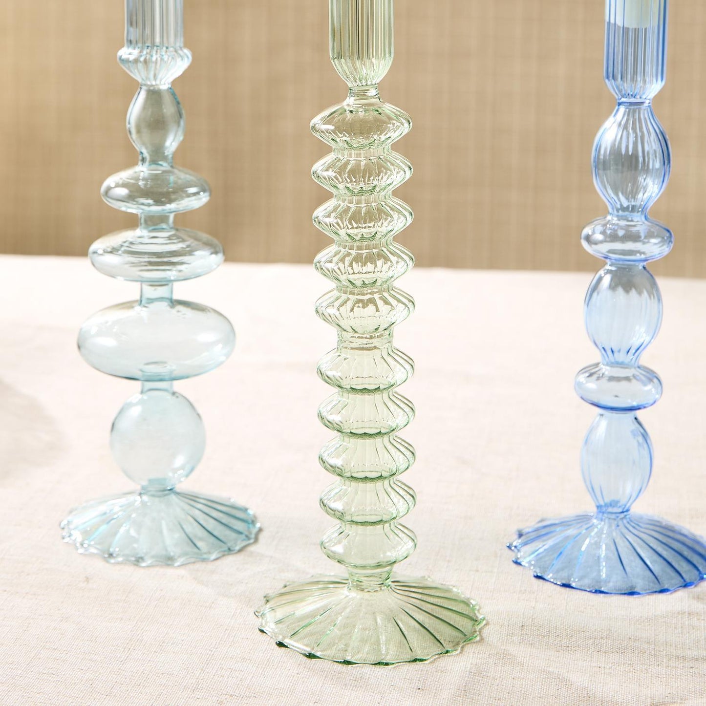 Shades of Blue Hand-Blown Glass Taper Candlestick Candleholders, Set of ...