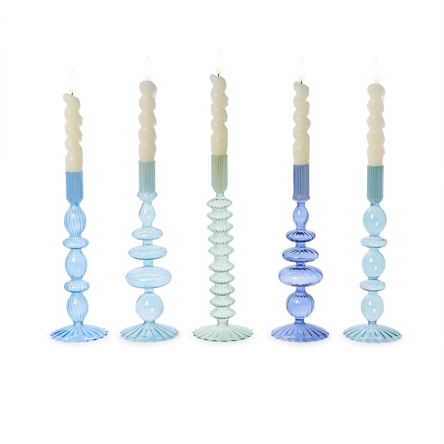 Shades of Blue Hand-Blown Glass Taper Candlestick Candleholders, Set of ...